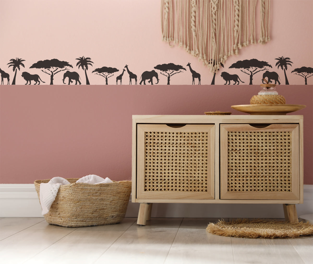 Safari Animals Wall Border Stencil, African Desert with Trees Boho ...
