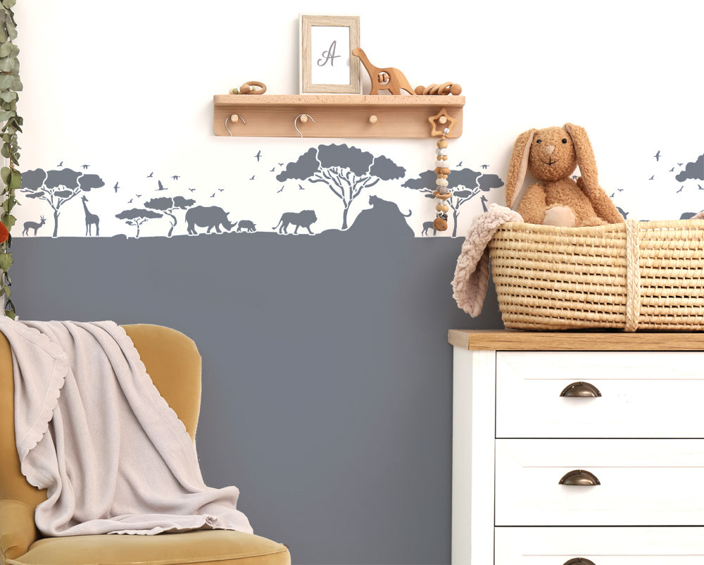 SAVANNAH Safari Animals Wall Border Stencil, Savanna style Border ...